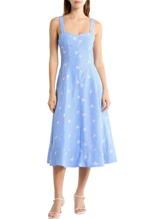 Avec Les Filles Floral Embroidery Stripe Midi Dress - Blue Stripe