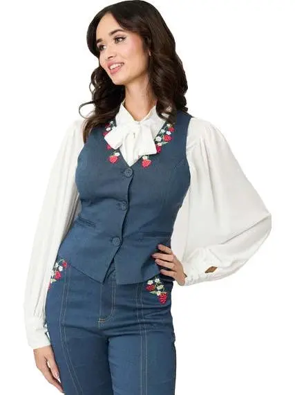 Unique Vintage 1940s Embroidered Button-up Vest - Denim W/strawberries