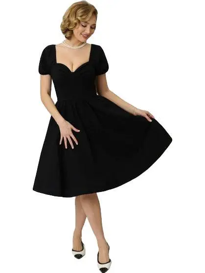 Unique Vintage Sweetheart Puff Sleeve Swing Dress - Solid Black