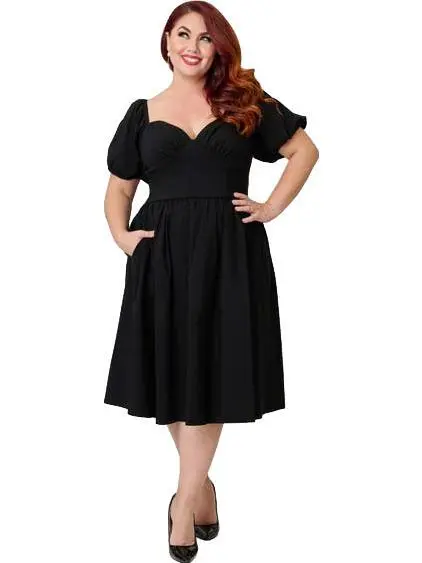 Unique Vintage Sweetheart Puff Sleeve Swing Dress - Solid Black