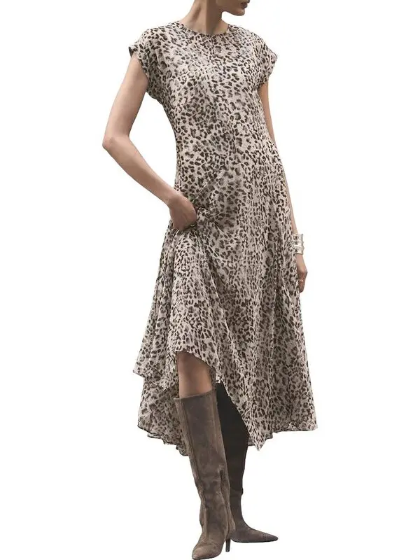 Mint Velvet Leopard Print Cap Sleeve Midi Dress - Camel