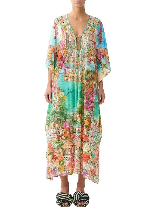 Camilla Long V Neck Kaftan With Ring Front Trim - Meet Me In Mallorca