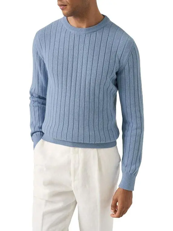 Eton Rib Knit Cotton Crewneck Sweater - Light Blue