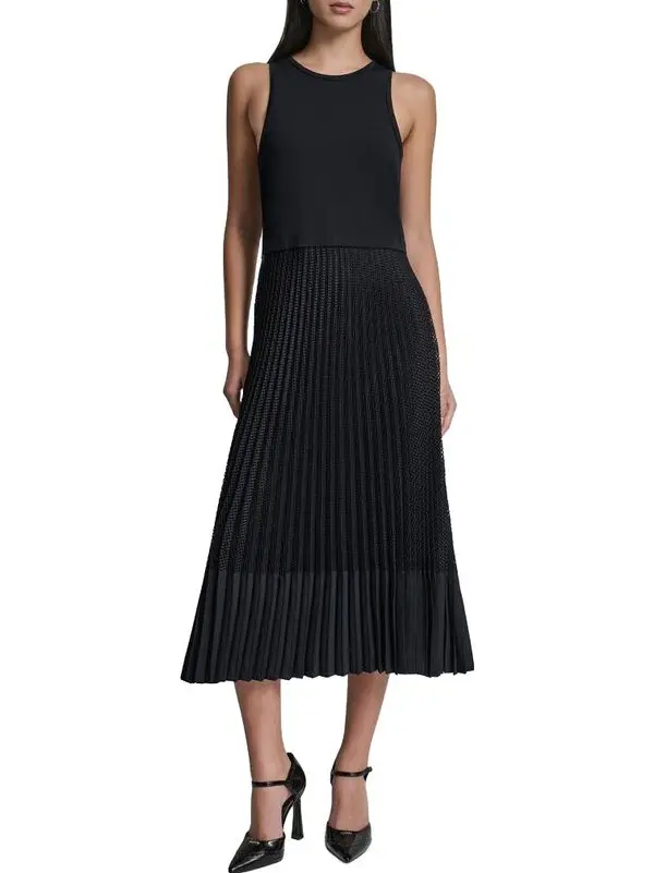 Dkny Mixed Media Pleat Midi Dress - Navy