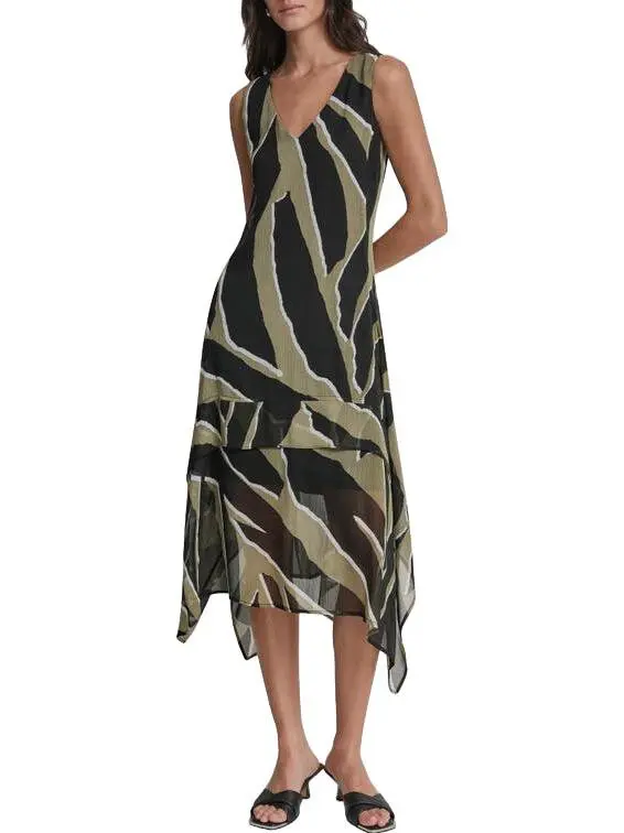 Dkny Crinkle Chiffon Handkerchief Hem Midi Dress - Jungle Block