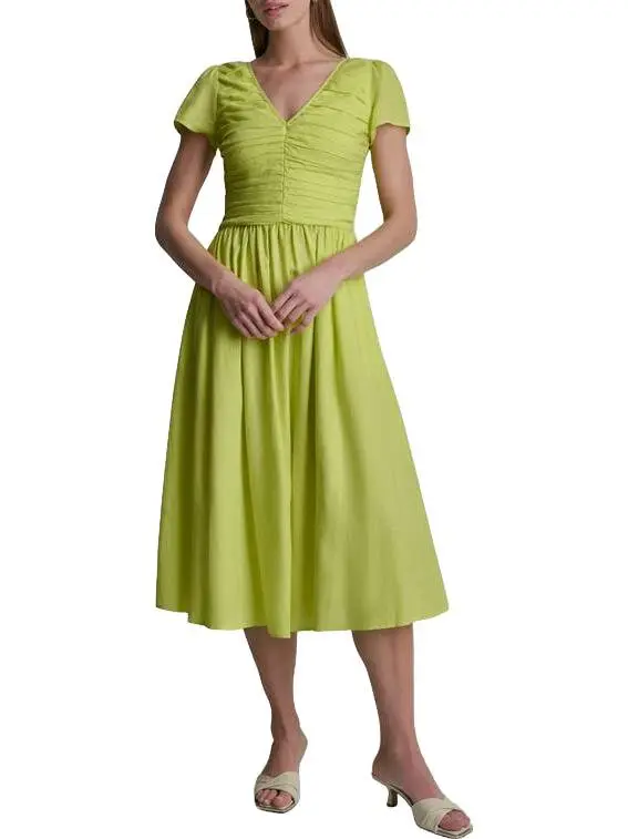 Dkny Ruched Bodice Linen Blend Midi Dress - Limeade
