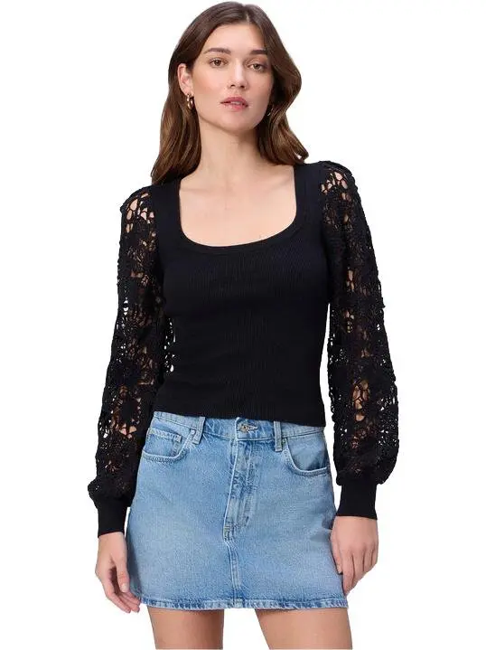 Paige Ribbed Floral Embroidered Long Sleeve Top - Black