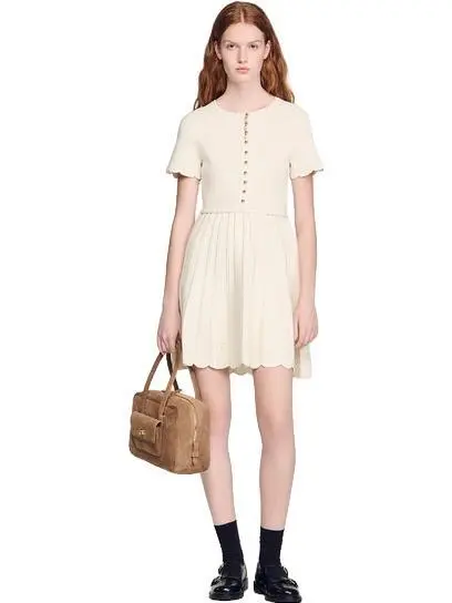 Sandro Pointelle Knit Mini Dress - Neutral / White