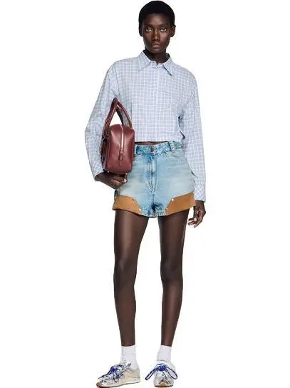 Sandro Riveted Denim And Suede Shorts - Stripe / Grey