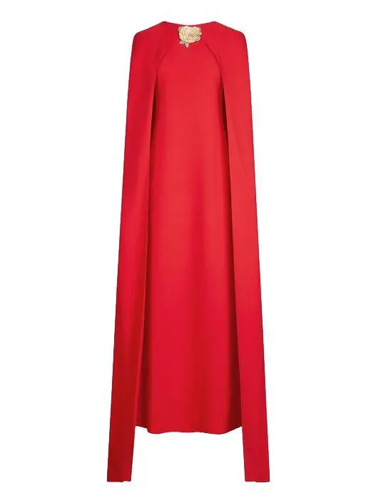 Oscar De La Renta Brooch Embroidered Cape-back Caftan - Red