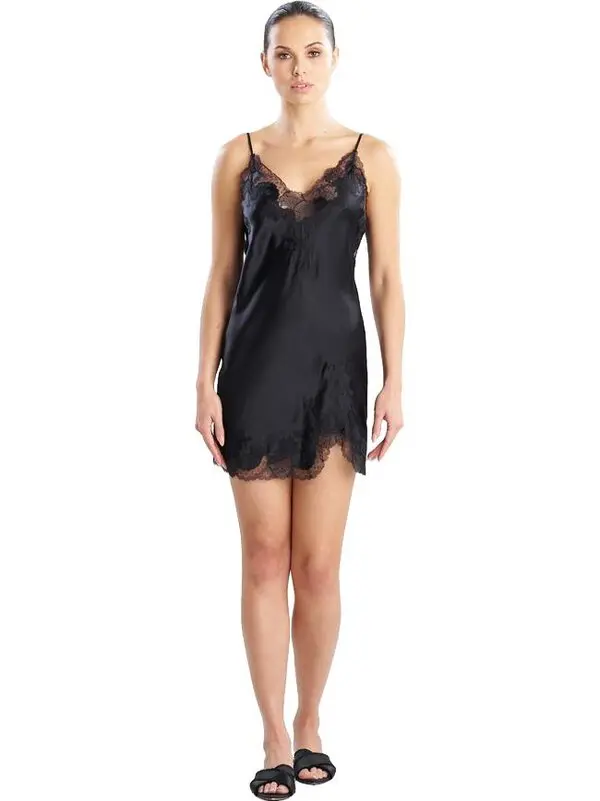 Natori Lolita Lace Trim Silk Chemise - Black