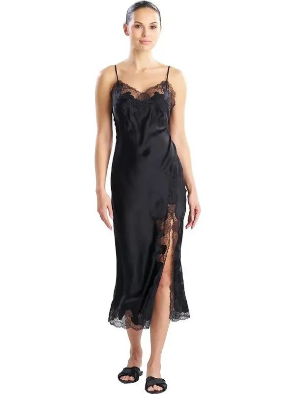 Natori Lolita Lace Slit Silk Slip Dress - Black