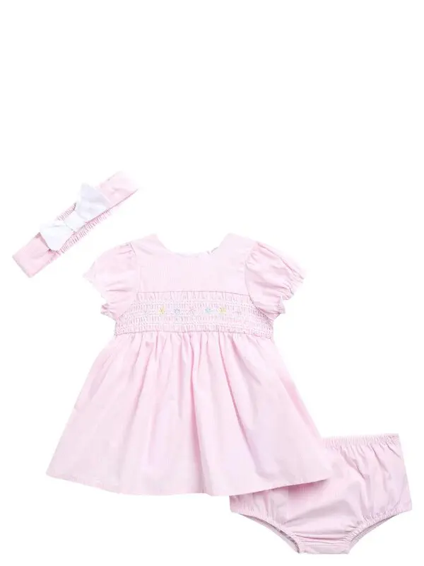 LITTLE ME Flower Embroidered Smocked Dress & Headband Set - Pink