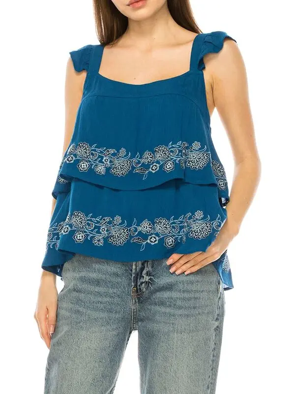 A COLLECTIVE STORY Embroidered Babydoll Top - Parisian Blue