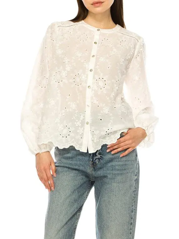 A COLLECTIVE STORY Floral Eyelet Button-up Top - Bright White