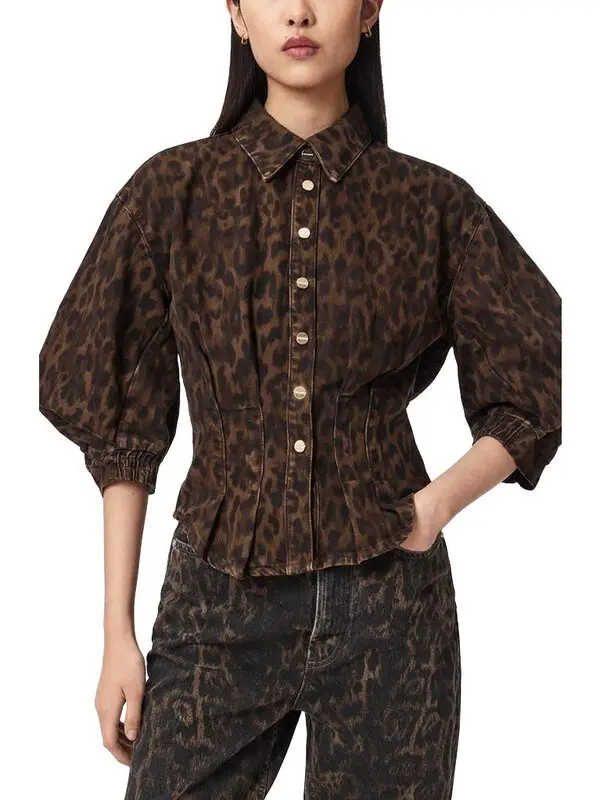 ALLSAINTS Nancy Bishop Sleeve Denim Top - Leopard Brown