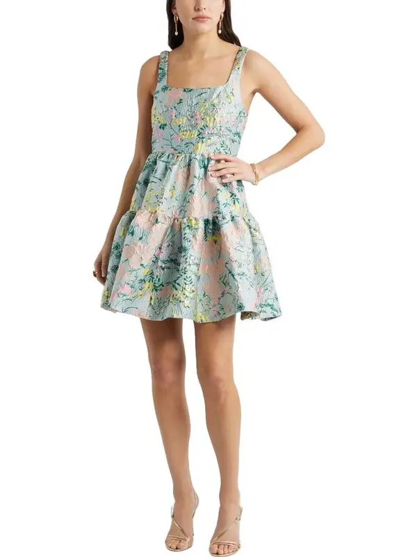 Chelsea28 Floral Garden Brocade Cocktail Minidress - Blue Multi Floral