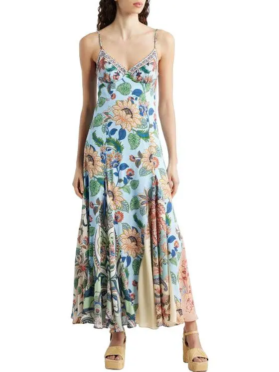 Farm Rio Floral Print Sleeveless Maxi Dress - Floral Delhi Light Blue