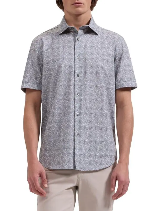 Bugatchi Miles Ooohcotton® Leaf Print Short Sleeve Button-up Shirt - Shark