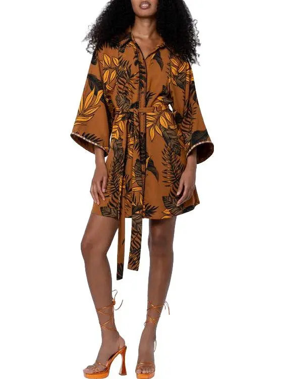 CIEBON Gaia Leaf Print Mini Shirtdress - Orange