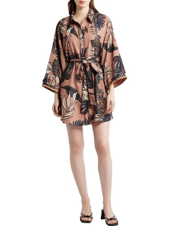 CIEBON Gaia Leaf Print Mini Shirtdress - Taupe