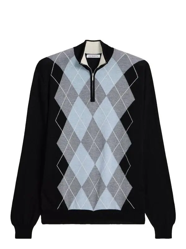 ASHWORTH GOLF Extrafine Merino Argyle 1/4 Zip Sweater - Black Multi