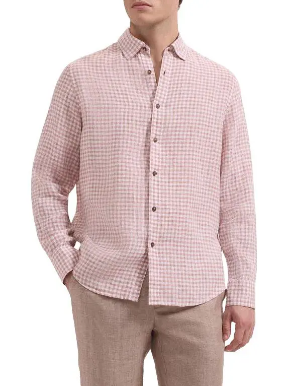 Bugatchi Karl Shaped Fit Gingham Check Linen Button-up Shirt - Brick