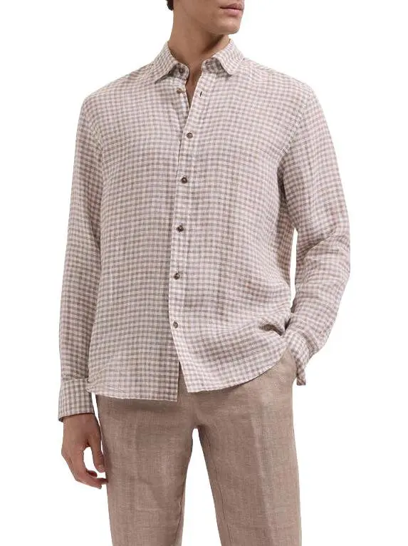 Bugatchi Karl Shaped Fit Gingham Check Linen Button-up Shirt - Olive
