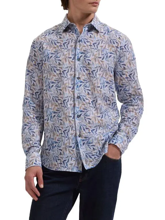Bugatchi Julian Shaped Fit Leaf Print Cotton & Linen Button-up Shirt - Cobalt