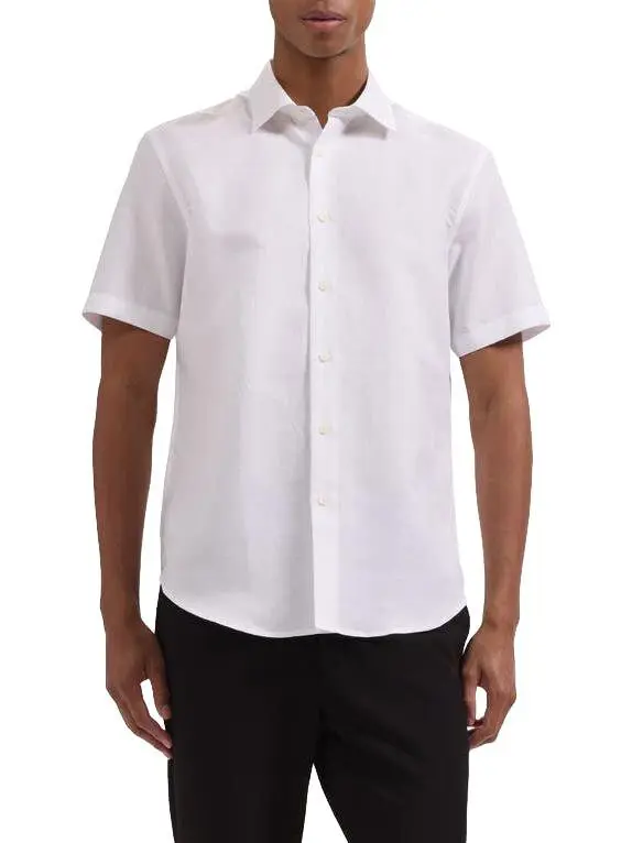 Bugatchi Orson Short Sleeve Cotton & Linen Button-up Shirt - White