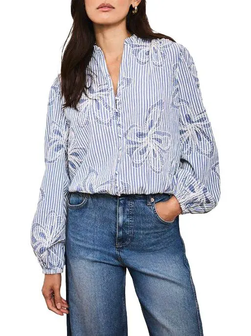 Mint Velvet Striped Embroidered Floral Blouse - Blue