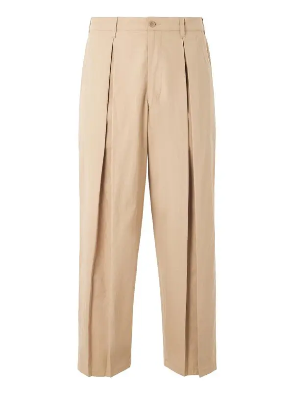 MONITALY Wide-leg Cropped Pleated Cotton Trousers - Neutrals