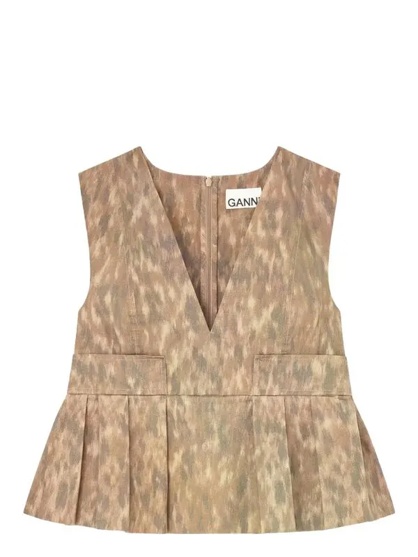 GANNI V-neck Sleeveless Pleated Blouse - Neutrals