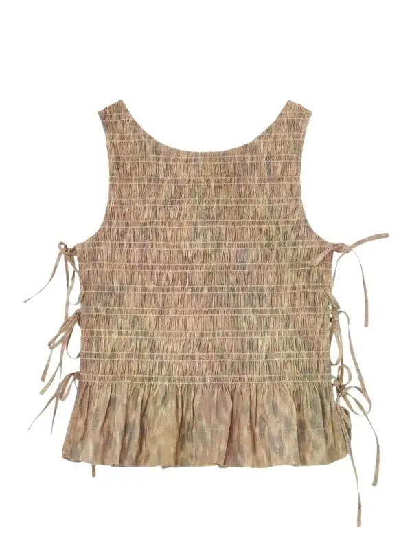 GANNI Shirred Tie Blouse Sleeveless, Smocked, Ruffled Hem - Neutrals