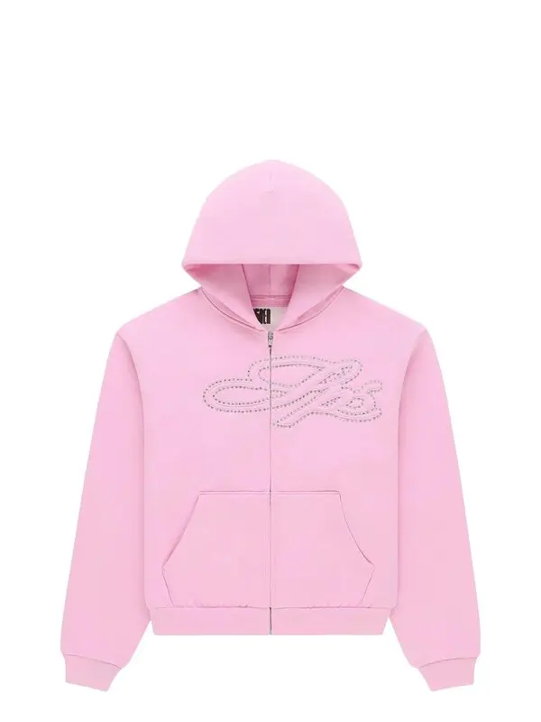 SP5DER Rhinestone Script Zip Hoodie - Pink