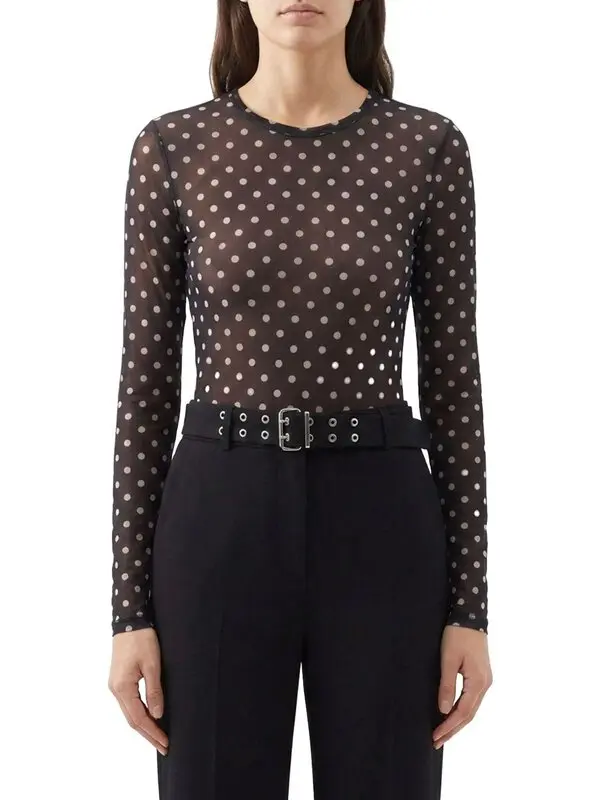 GANNI Polka Dot Mesh Long Sleeve Top - Black