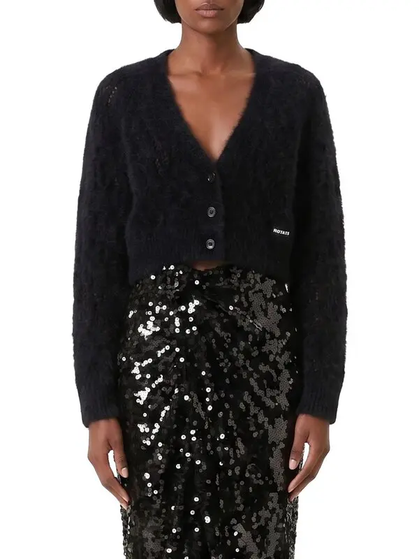 ROTATE BY BIRGER CHRISTENSEN Cropped Cable Knit V-neck Cardigan - Black