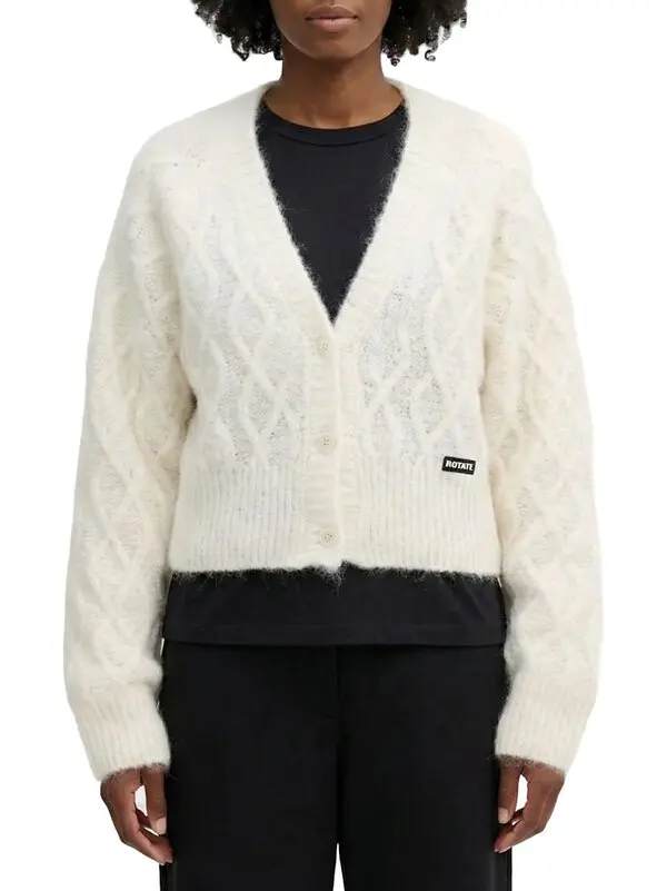ROTATE BY BIRGER CHRISTENSEN Cropped Cable Knit V-neck Cardigan - White