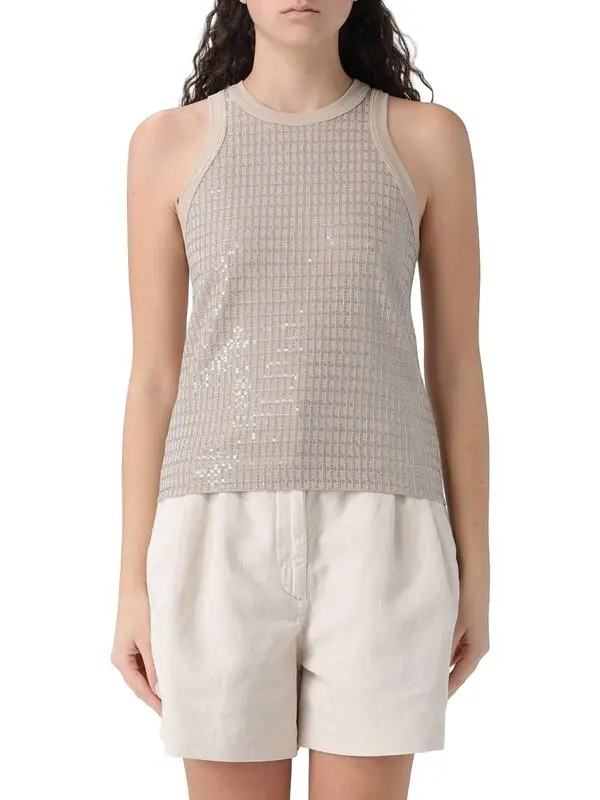 Brunello Cucinelli Sequin Embellished Ribbed Tank - Beige