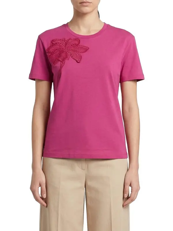 TWINSET Cotton T-shirt With Embroidered Flower Detail - Fuchsia