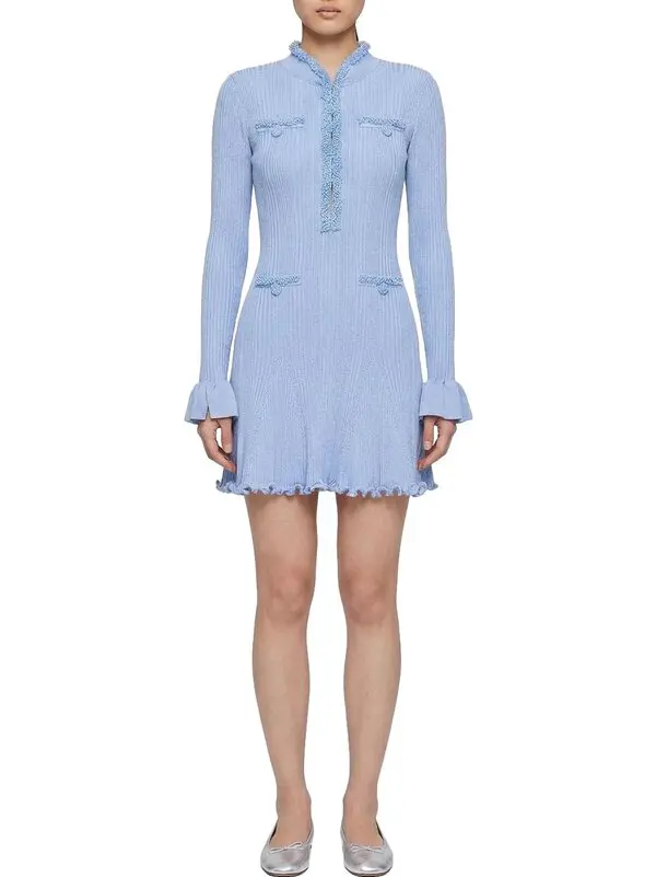 SELF-PORTRAIT Ribbed Knit Dress With Ruffled Trim - Blue