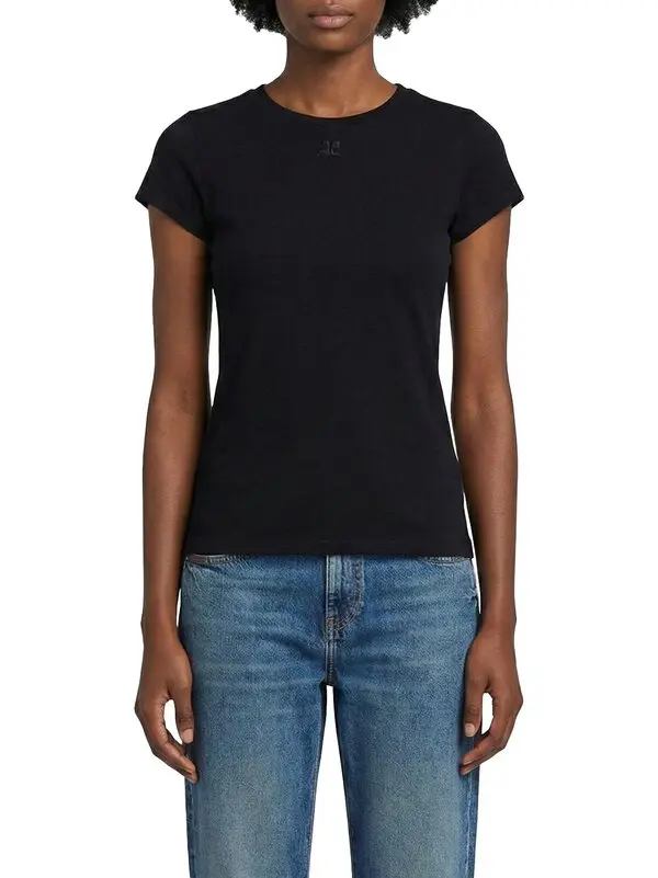 COURREGES Viscose Knit T-shirt With Embroidered Logo - Black
