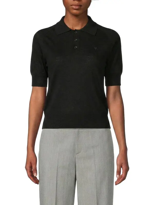 AMI Paris Wool Knit Polo Shirt - Black