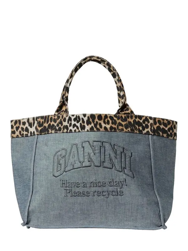 GANNI Cotton Denim Tote Bag With Animal Print Trims - Blue