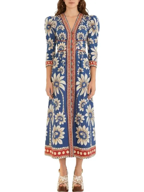 Farm Rio Floral Cotton Midi Dress - Blue
