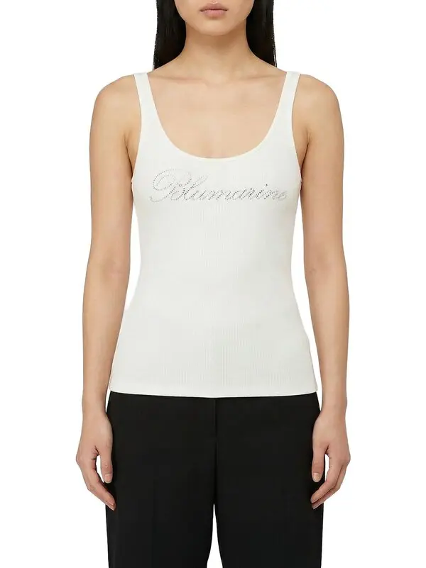 Blumarine Cotton Top With Rhinestone Logo - White