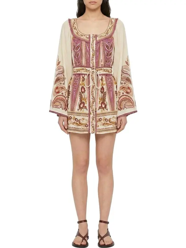 Farm Rio Viscose Mini Dress With Ethnic Pattern And Belt - Sand