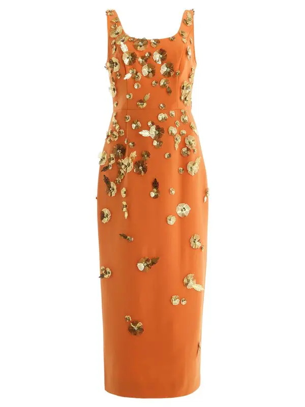 Carolina Herrera Embroidered Crepe Midi Dress - Orange