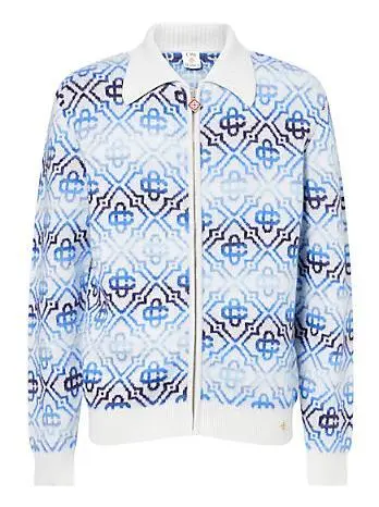 Casablanca Monogram Zip Wool-blend Knitted Cardigan - Blue
