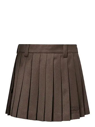 Miu Miu Logo-embroidered Pleated Wool Mini Skirt - Cacao